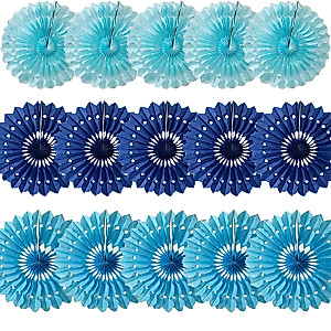 15pcs 10'' 12'' 14'' Paper Fans Decorations Round Blue Tissue Paper Fans Hanging Paper Fans Set Party Paper Honeycomb Fans Decorations for Party Birthday Wedding Events