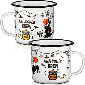 2 Pieces Halloween Enamel Campfire Mug Halloween Enamel Mug Coffee Cup Witch's Brew Halloween Gothic Cup Handfinished Enamelware Espresso Cups for Mountain Nature Outdoor Hiking (12 oz) (Cute Style)