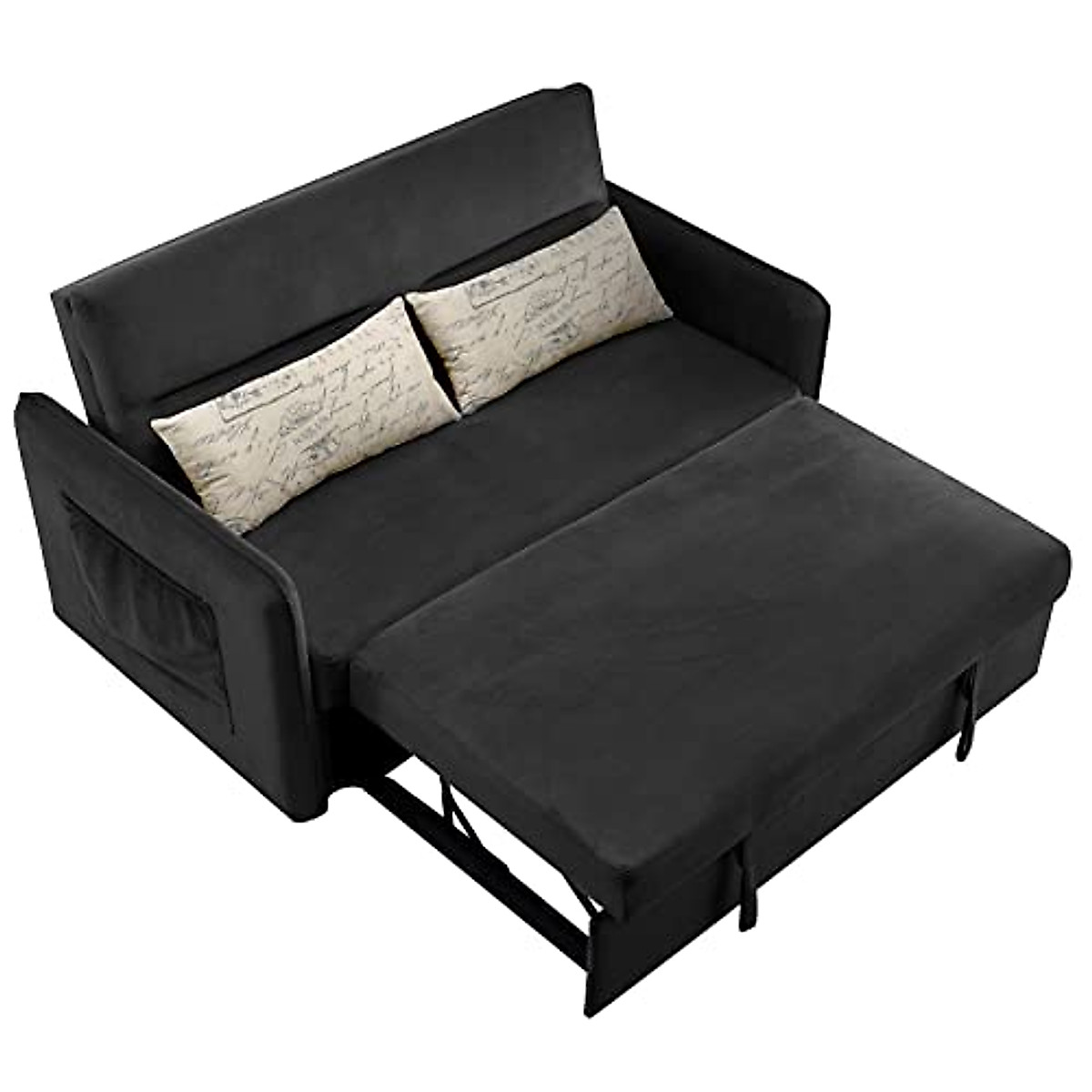 XD Designs 2-in-1 Design Pull Out Sofa Bed with 2 Pillows Adjustable Backrest, Modern Multi-Function Velvet Couch Bed Loveseat with 2 Big Side Pocket for Living Room Office Apartment (Black-1)