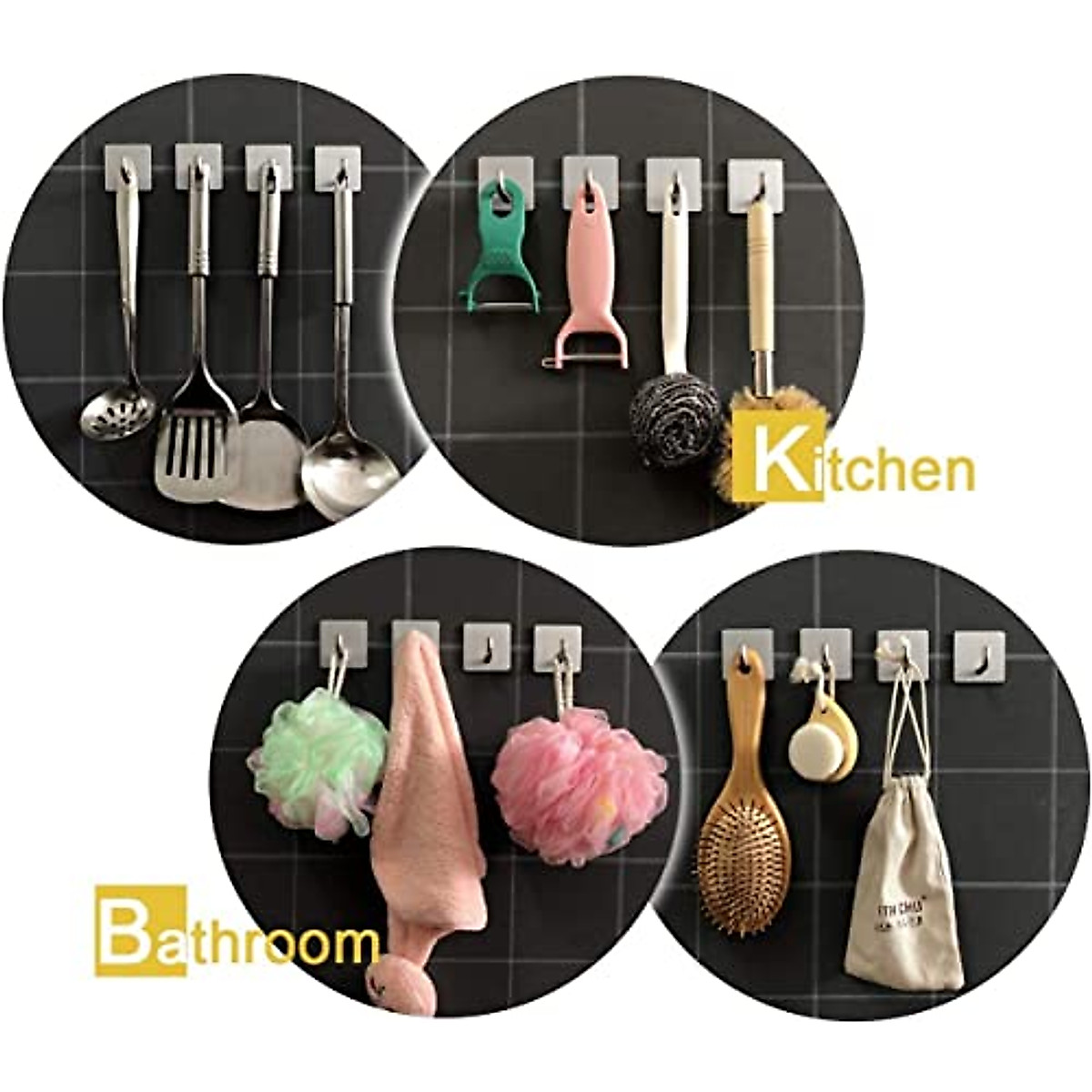 TKMENGY Self Adhesive Hooks, Stick on Hooks Holder for Tea Towel Robe Coat Kitchen Bathrooms,Stainless Steel Sticky Wall Hooks,Waterproof and Rustproof, 4 Pack (Silver)