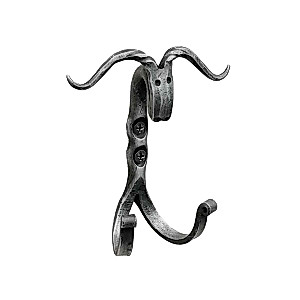 Living Ideas Hand Forged Bull’s Head Double Hook Wrought Iron Handmade Wall Mounted Rustic Hook with Ring Holder Blacksmith Farmhouse Decor Coat Rack Antique Finish Heavy Duty Kitchen Towel Hooks