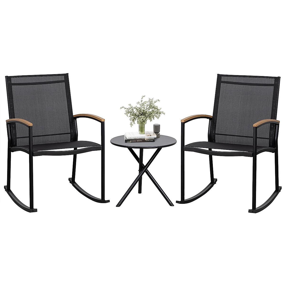 JAMFLY 3 Pieces Patio Set Outdoor Patio Furniture Sets, Modern Rocking Bistro Set Textilene Chair Conversation Sets with Detachable Pedal and Coffee Table (Black)