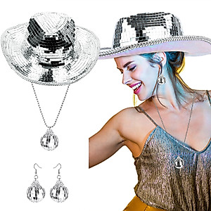 MAKCNMYM Disco Cowboy Hat Silver Cowgirl Hat With Disco Ball Necklace and Sparkly Mirrored Earrings Sequin Hat Women Bling Glitter Dance Cap for Girls Party Costume Accessories Cosplay Dress Up