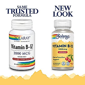 SOLARAY Vitamin B-12 2000 mcg, Sugar-Free Natural Cherry Flavor, Healthy Energy & Red Blood Cell Support, 90 Lozenges