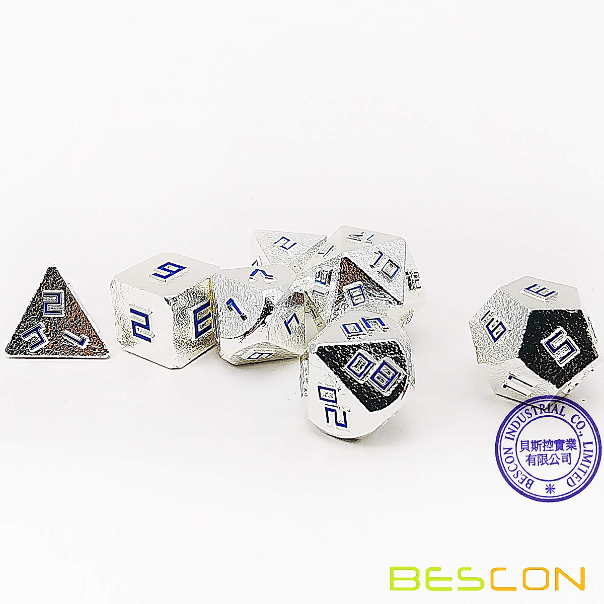 Bescon Shiny Silver-Ore Lode Solid Metal Dice Set, Raw Metal Polyhedral D&D RPG 7-Dice Set