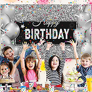 Black and Silver Birthday Party Decorations Black Silver Balloons Arch Garland Kit Silver Black Birthday Photography Backdrop Banner for Kids Adults Anniversary Birthday Party Supplies Decor