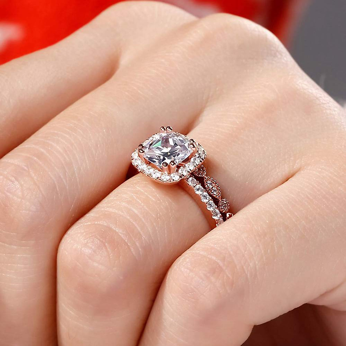 Greendou Fashion Jewelry 14k Rose Gold Plated Sterling Silver Round Clear Zirconia Flower Halo Ring Set (10)