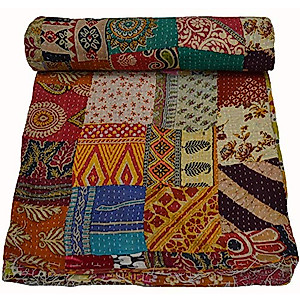 Maviss Homes Beautiful Indian Traditional Patchwork Super Soft Cotton Double Kantha Quilt | Throw Blanket Bedspreads | Cozy Blanket Quilt | Easy Machine Washable and Dryable; Multicolour