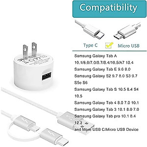 5FT 2 in 1 Charger Fit for Samsung Galaxy Tab A E,S,S2,3,4, 10.1" 7.0" 8.0" 8.4" 9.6" 9.7",SM-T580/T380/T280/P580/T387/T377/T800/T113/T520/T900/T320/T713 Tablet Cable Power Supply Adapter Cord