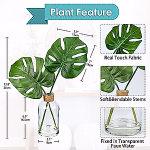 Artificial Monstera Plant in Glass Vase with Faux Water, 13.8" Fake Monstera Plant Real Touch Faux Monstera Leaves Greenery Stems for Home Office Farmhouse Wedding Centerpiece Décor