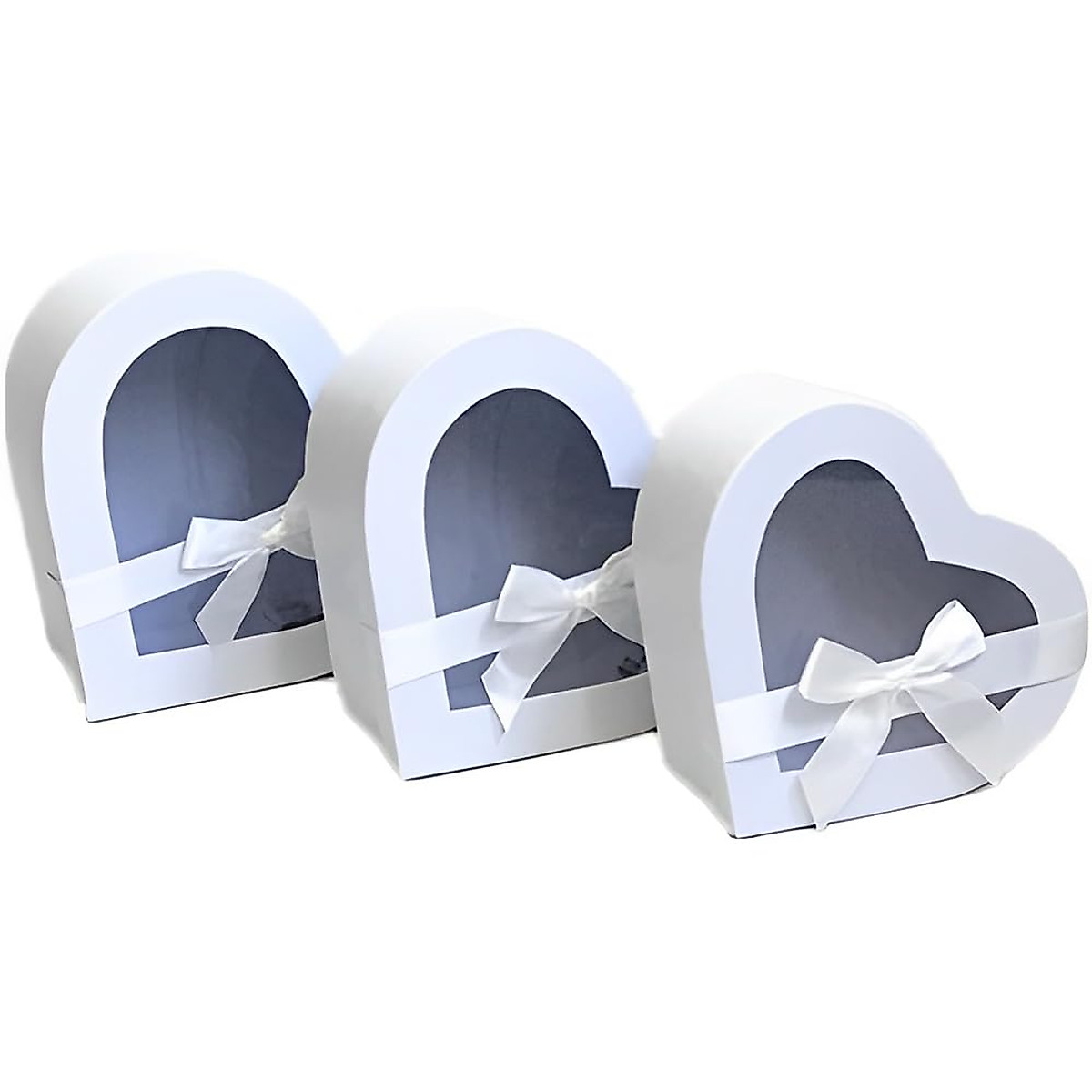 BBJ WRAPS Heart Shaped Boxes for Flowers Packaging with Transparent Window Lids Luxury Gift Box for Floral Arrangement, Set of 3(S/M/L) (White)