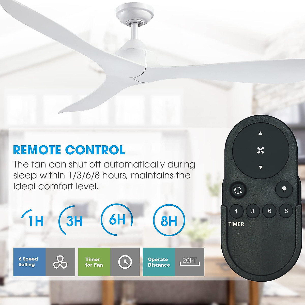 Ceiling Fans without Lights 56 Inch White Ceiling Fan No Light for Bedroom Living Room, Low Profile Outdoor Ceiling Fans for Patios, Remote Control, Reversible 3 Blades, Ventilador de Techo