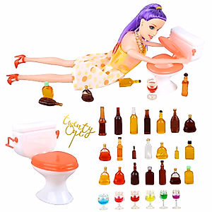 30 PCS 21 Styles Mini Wine Bottles Cake Toppers With 6 Mini Wine Glasses 1 Plastic Miniature Toilet Toy 1 Beauty Doll 21st Birthday Cake Topper for Celebrating Birthday 21 and Up Girl Party