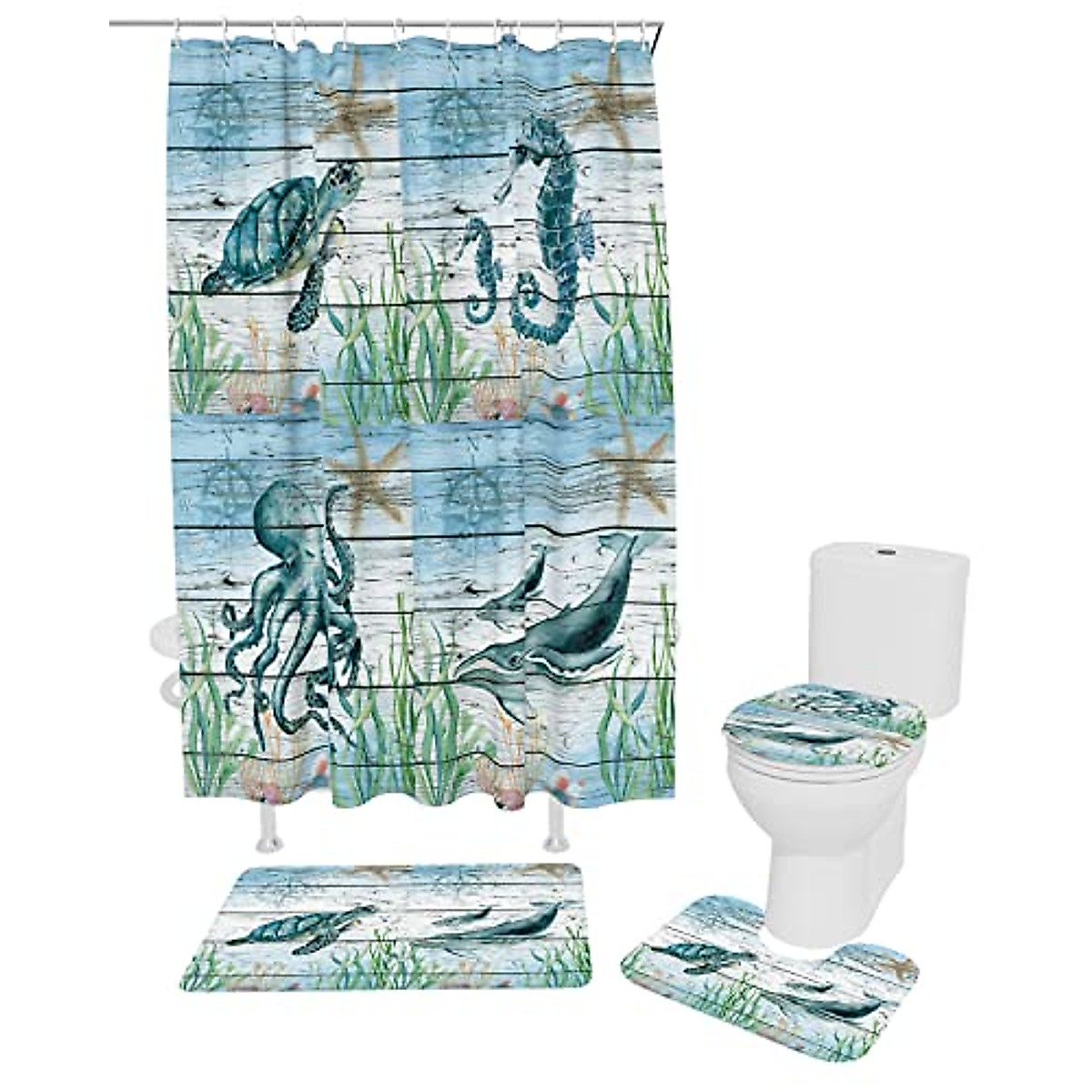 4 Pcs Shower Curtain Set with 12 Hooks Sea Turtle Octopus Whale Wood Grain Bathroom Sets with Non-Slip Bath Mat Toilet Lid Cover Waterproof Durable Shower Curtain and Rugs