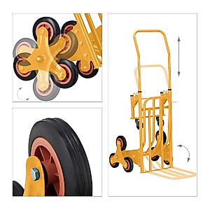 Relaxdays Stair Climbing Hand Truck, Folding Cart, up to 50/150 kg, Solid Rubber Tyres, Height Adjustable, Yellow, 124 x 54 x 77 cm