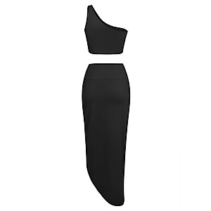 ZAFUL Women’s 2 Pieces Skirt with Crop Tank, High-Slit Twist Skirt Set Bodycon Dress for Party Club Nightout Cocktail (aa-Black, Large)