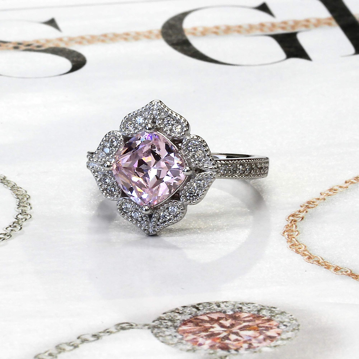 DoubleAccent Platinum Plated Sterling Silver Ring 2 CT Cushion Pink CZ Stone Milgrain Heart Flower Design Vintage Ring (Size 5 to 9), 5