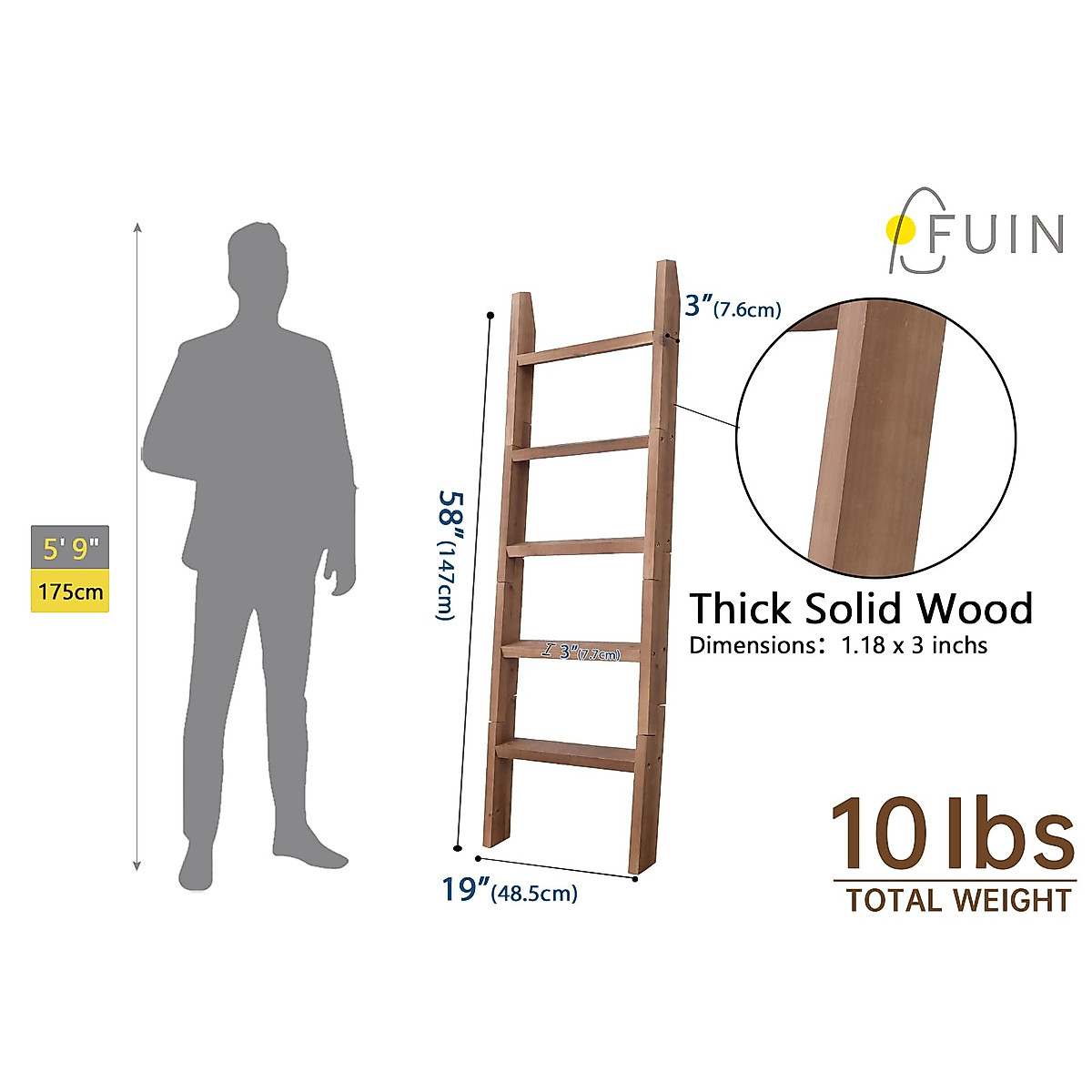 FUIN 5ft (58") Wood Blanket Ladder Living Room Decorative Wall Leaning Farmhouse Quilt Display Holder Shelf Rustic Wooden Towel Rack for Bathroom, Brown