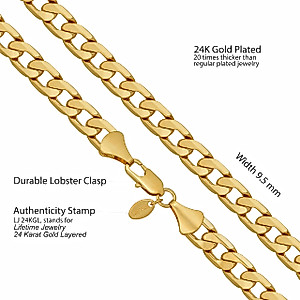 LIFETIME JEWELRY Beveled Cuban Link Curb Chain Necklaces 24k Real Gold Plated (3mm, 6mm & 9.5mm) (20 inches, 9.5mm, Gold)