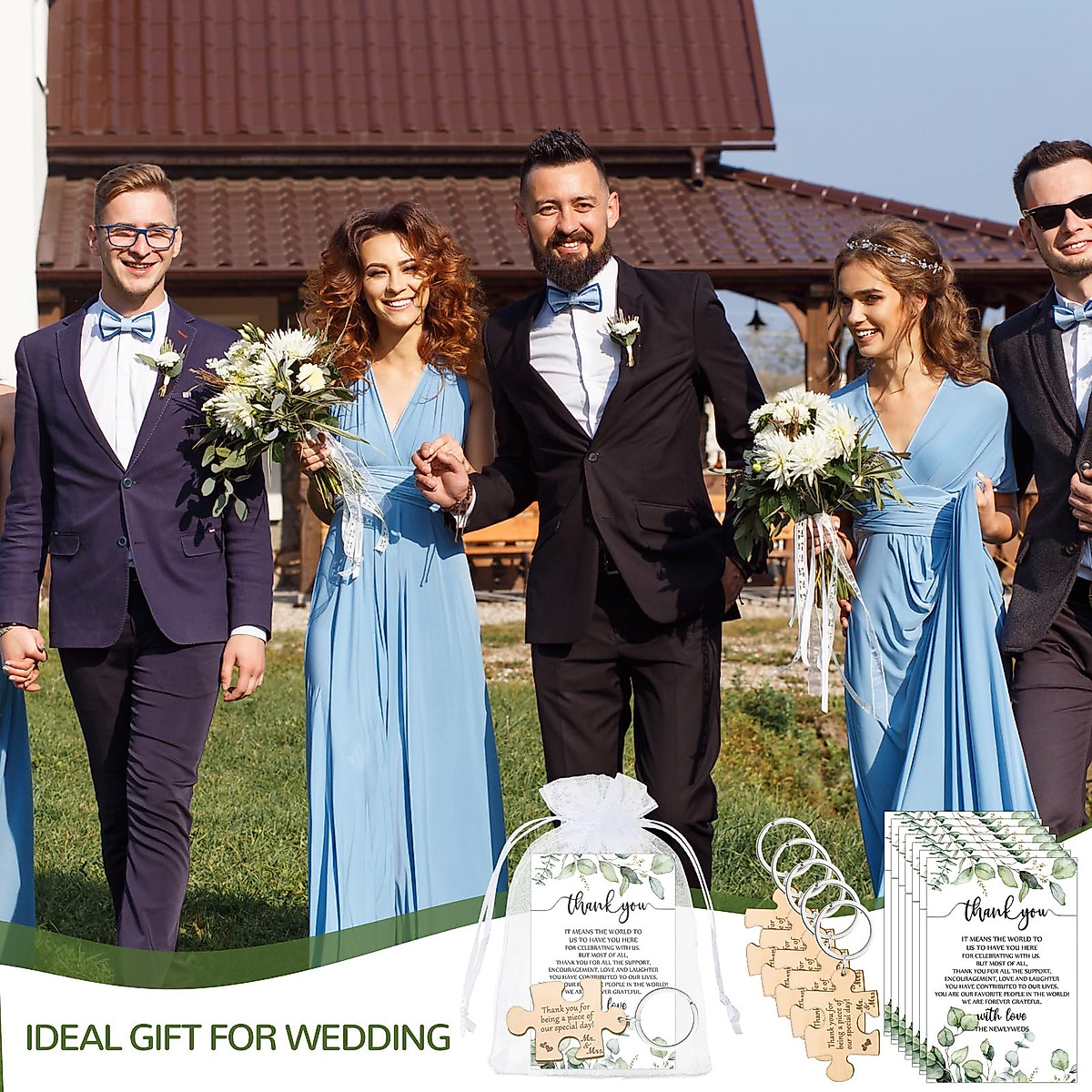 Sintuff 100 Sets Wedding Favors for Guests Rustic Wood Puzzle Keychain Thank You Card Organza Bag Wedding Party Bridal Shower Souvenir (Natural Wood)