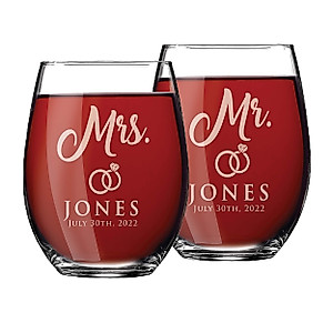 Mr and Mrs Wine Stemless Glasses - Personalized Engraved Wedding for Couples - Custom Monogrammed - Set of 2