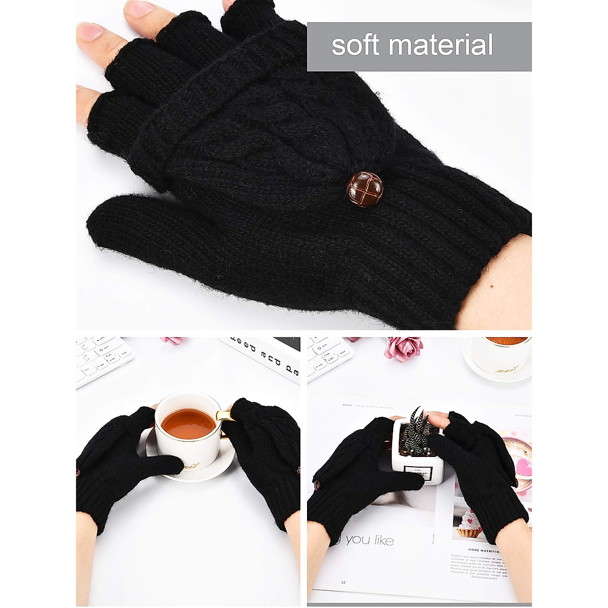 Bememo 2 Pairs Convertible Mittens for Women, Women's Fingerless Gloves with Mitten Cover Winter Knitted Convertible Gloves with Buttoned Thumb Cover