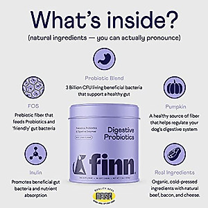 Finn Digestive Probiotics for Dogs - Complete Digestive System Support with Pumpkin, Prebiotics, & Live Probiotics - Vet Recommended & Made in The USA - 90 Soft Chews