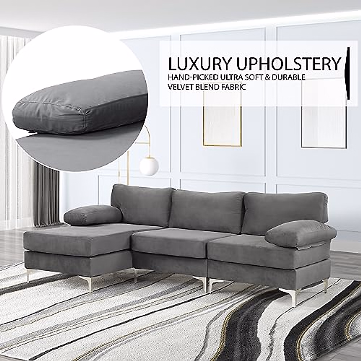 Casa Andrea Milano llc Modern Large Velvet Fabric Sectional Sofa L Shape Couch with Extra Wide Chaise Lounge