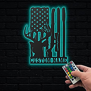 Deer Hunter Metal Wall Personalized, USA Hunter Gun with Flag, Deer Antler Hunting Dad LED Sign, Hunting Camp, Man Cave Deer Decor, Gift For Dad, Father Day Gift