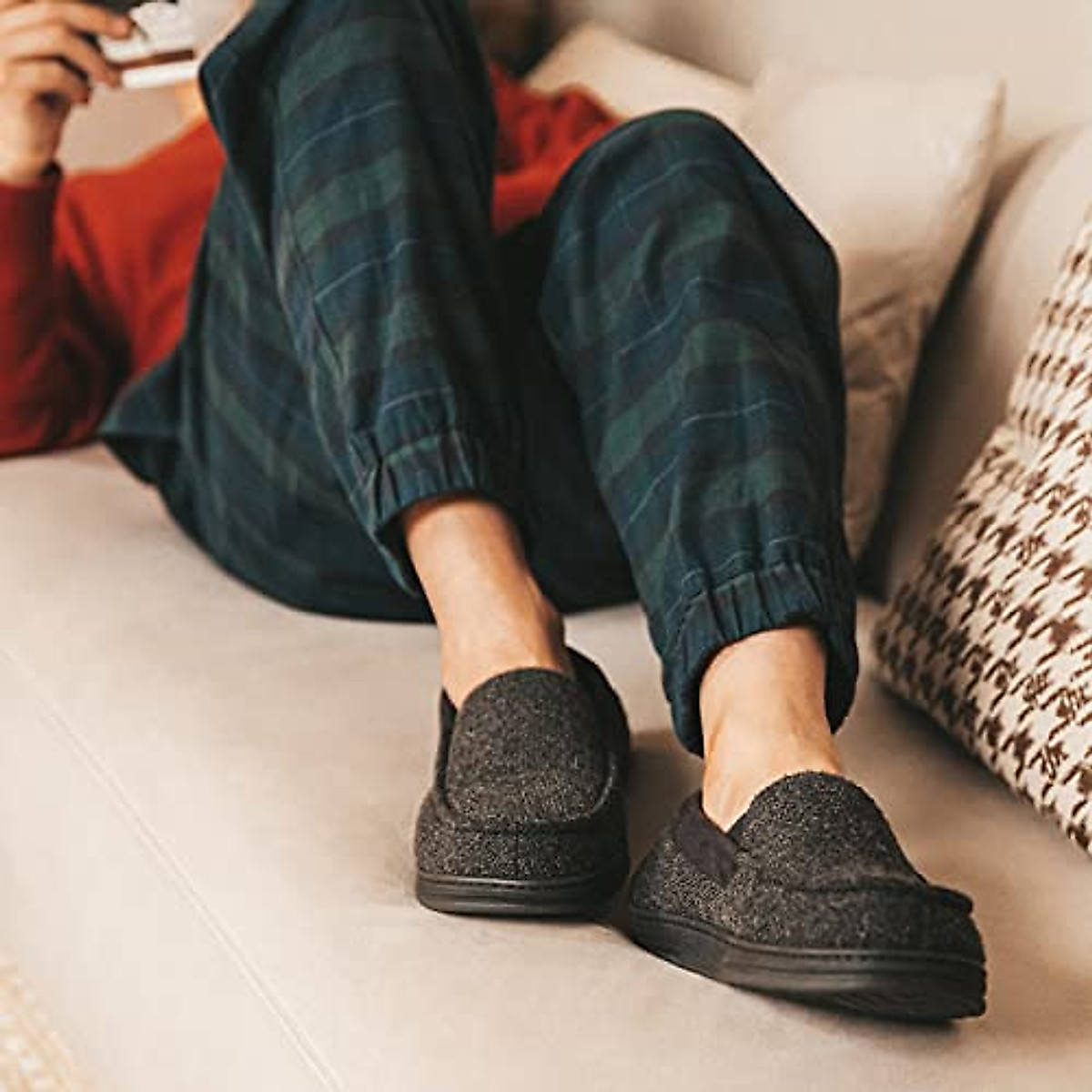 LongBay Men's Cozy Moccasin Slippers Loafer House Shoes with Memory Foam and Rubber Sole for Indoor Outdoor (12 D(M), Light Gray)