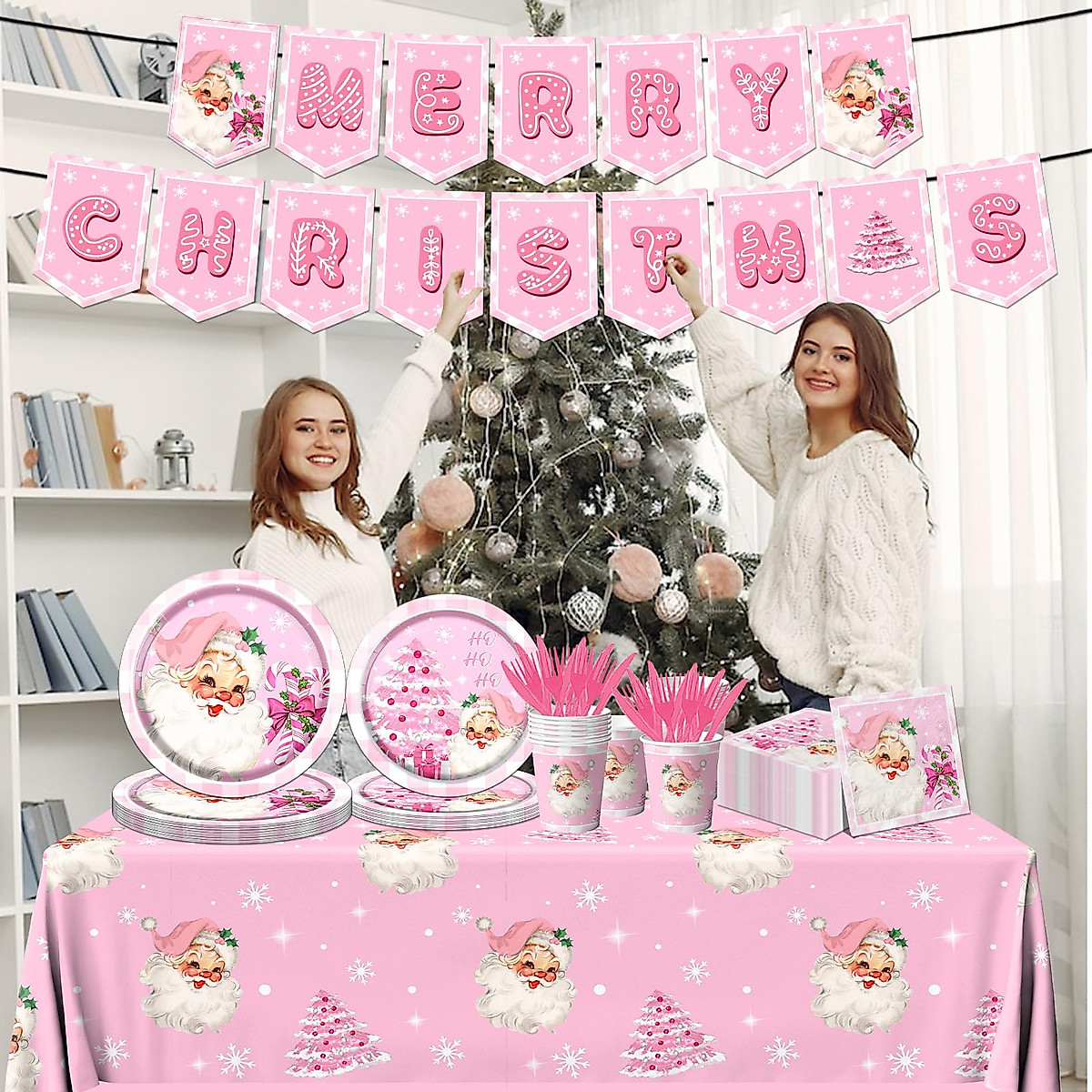 Christmas Party Supplies, 142Pcs Christmas Dinnerware Set Includes Pink Santa Claus Snowflake Napkins and Plates,Cups,Banner,Xmas Tablecloth for Merry Christmas Holiday Party, Serves 20