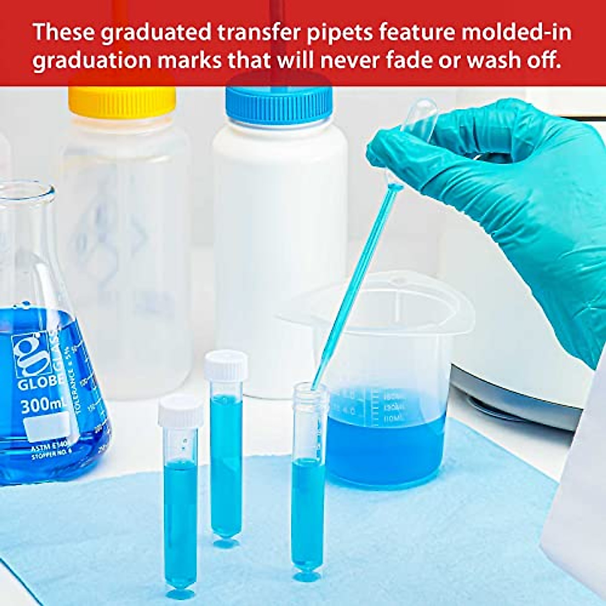 Globe Scientific 137038 LDPE Graduated Transfer Pipet, Large Bulb, Sterile, Individually Wrapped, Cellophane Pack, 145mm Length, 5.0mL Capacity (Case of 400)