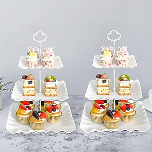 5 Pcs Cupcake Stand Set - Plastic Dessert Table Display Set, 2 White Square 3 Tier Cupcake Display Stands Cookie Tray Rack Serving Tower & 3X 14 in Plastic Trays for Wedding Baby Shower Tea Party