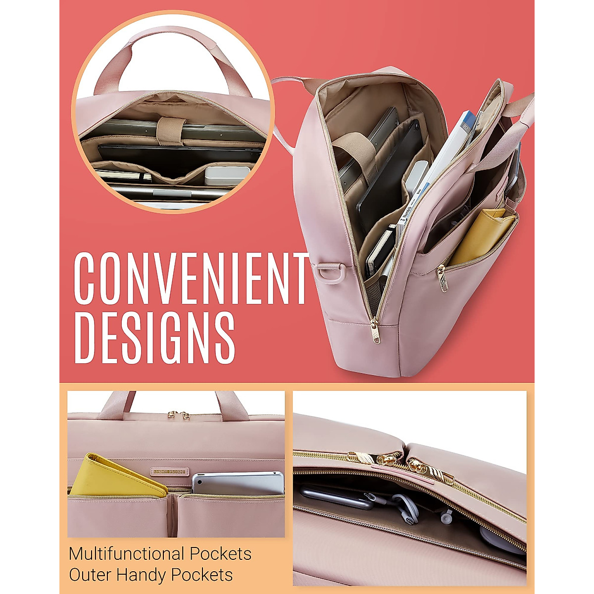 LIGHT FLIGHT 17.3 Inch Laptop Bag, Travel Business Briefcase,Water-Repellent Shoulder Messenger Bag,Large Computer Bag for Women Work Office,Nylon,Pink