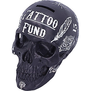 Nemesis Now Gothic Tattoo Fund Skull Money Box, Hand-Painted Resin with Traditional Tribal Illustrative Designs, Unique Savings Bank for Tattoo Enthusiasts