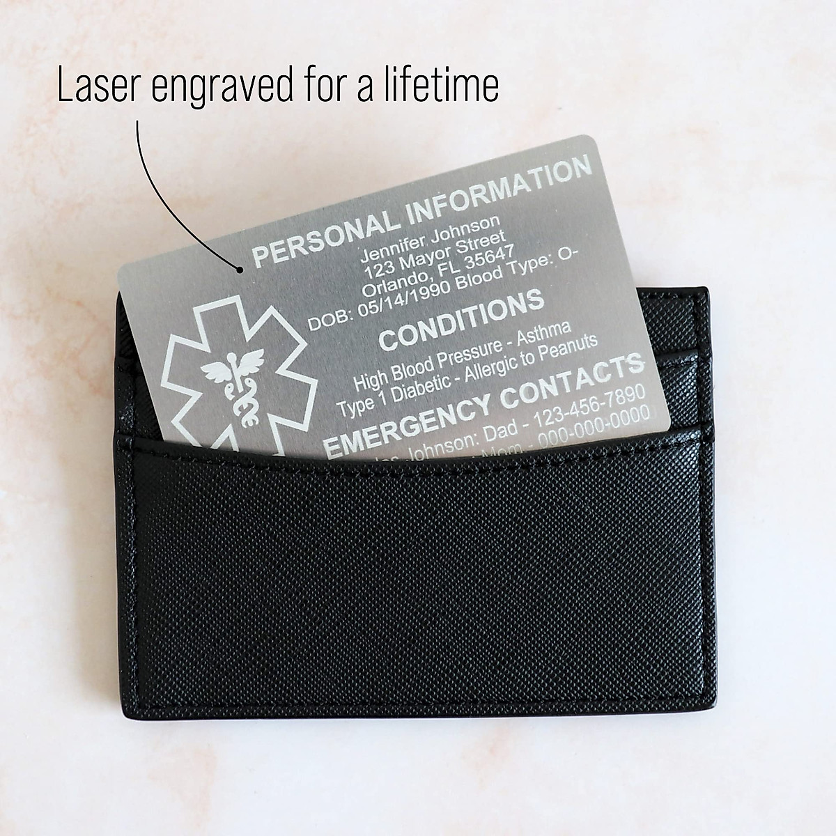 Custom Medical ID Card for Wallet, Aluminum Free Engraving Emergency Contact Card, Personalized Metal Awareness Alert ICE Card for Medic Conditions, Allergies & Identification