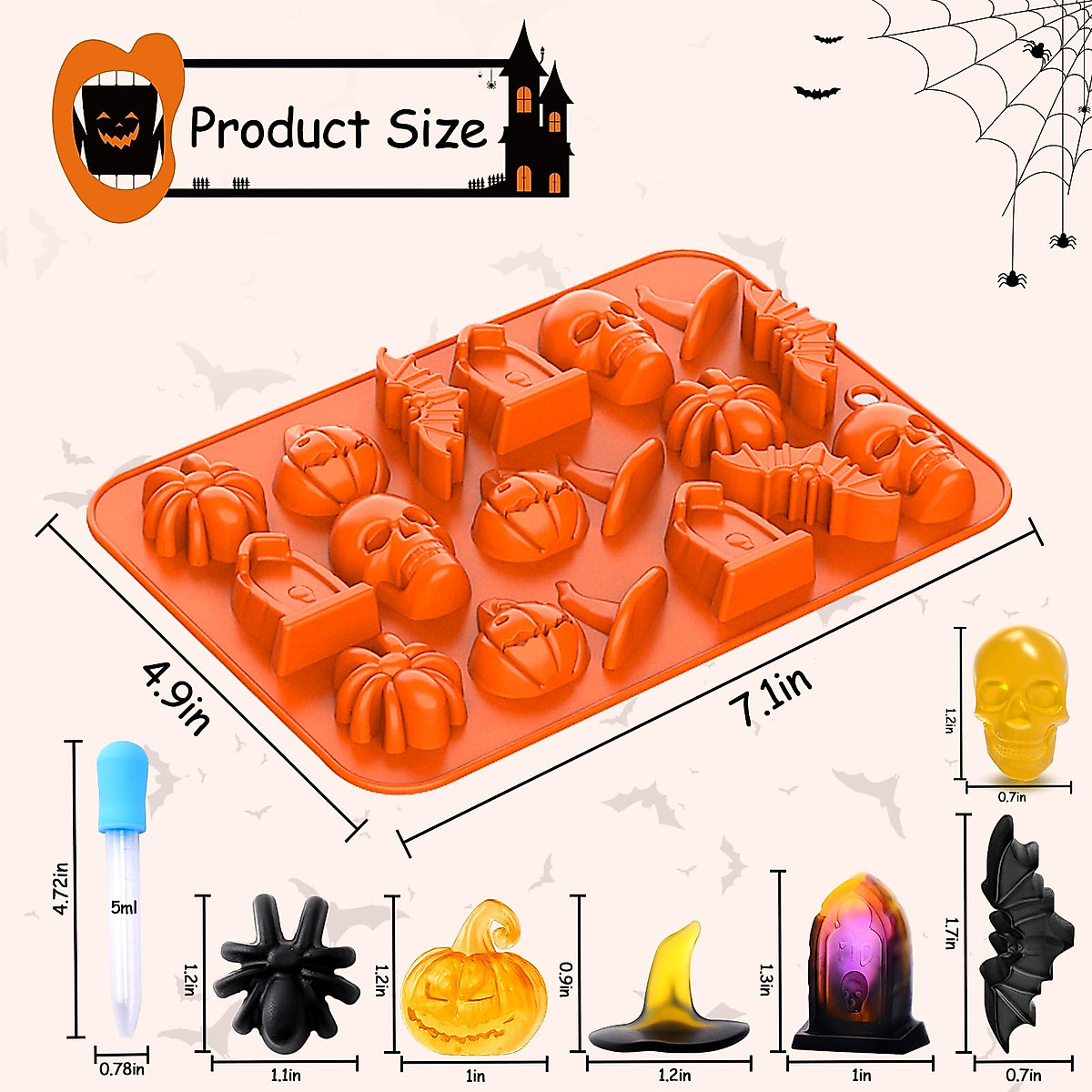 AIERSA Halloween Candy Gummy Molds, 2 Pcs Halloween Silicone Mold with 1 Pcs Dropper for DIY Halloween Gummies, Candy, Jelly, Chocolate, Jello