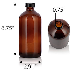 JUVITUS 16 oz Amber Glass Boston Round Bottle with Airtight Black Phenolic Cap (2 Pack)