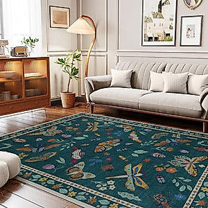Lahome Insect Print 5x7 Area Rugs for Living Room, Soft Washable Rugs for Bedroom Ultra-Thin Non Slip Modern Rug, Stain Resistant Throw Rug Carpet for Office Nursery Dining Room(5'x7',Dark Green)