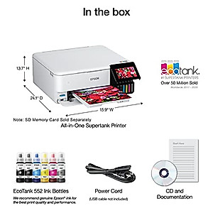 Epson EcoTank Photo ET-8500 Wireless Color All-in-One Supertank Printer, White - Print Scan Copy - 15 ppm, 5760 x 1440 dpi, 4.3" Touchscreen LCD, 30-Sheet ADF, Auto 2-Sided Printing, Ethernet