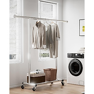 Frylr Heavy Duty Clothing Rack - Portable Metal Garment Rack with Wheels, Rolling Clothes Rack with Adjustable Hanging Rods, and Free Standing Design, Silver