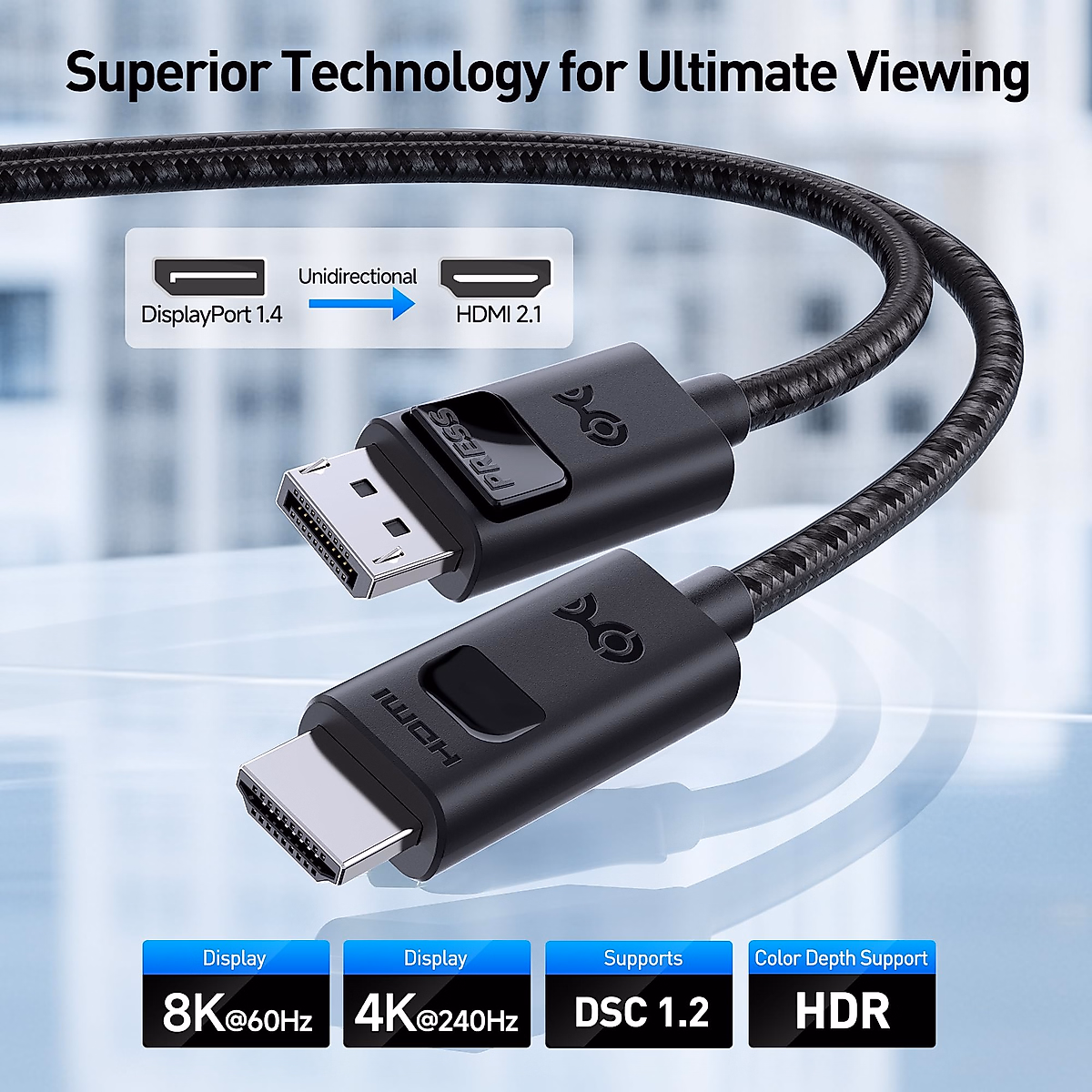Cable Matters 8K DisplayPort 1.4 to HDMI 2.1 Cable - 6ft / 1.8m, with 4K 240Hz / 8K 60Hz, Unidirectional Display Port to HDMI 2.1 Cable, Supports RTX4080, RX7900, Not Work with PS5, Black