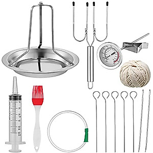Newtay 14 Pcs Thanksgiving Turkey Roaster Serving Set, Chicken Rack Stainless Steel Upright Roast Holder, Meat Thermometer, Lifter, Metal Skewers Trussing Needle, Basting Brush, Twine