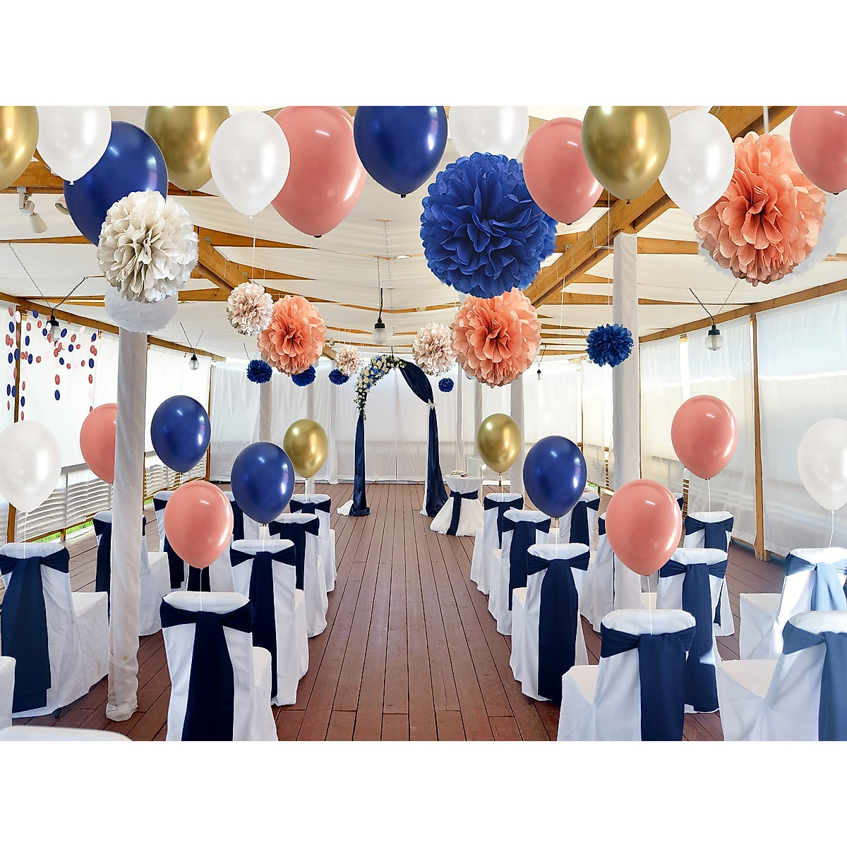 Navy Blue Pink Party Decorations for Women – Bridal Wedding Shower Birthday Gender Reveal Decor with Dusty Balloons and Royal Blue Paper Flower Pom Poms and Garland