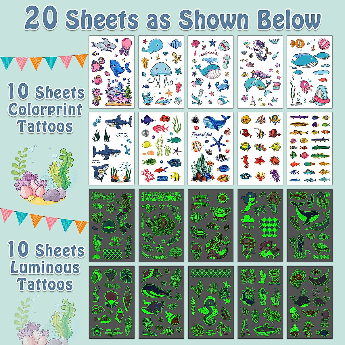 Partywind 20 Sheets Ocean Kids Temporary Tattoos, Fake Tattoo Stickers for Under Sea/Beach/Pool/Tropical Party Supplies Favors, Baby Shower Decor for Boys and Girls