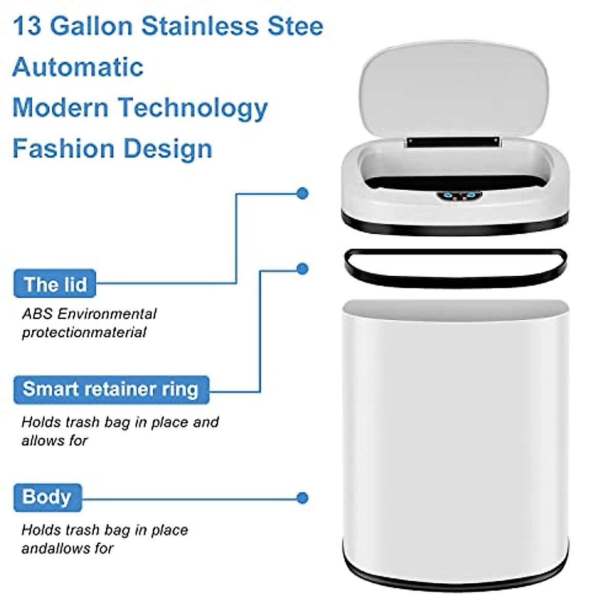 13 Gallon 50 Liter kitchen Trash Can with Touch-Free & Motion Sensor, Automatic Stainless-Steel Garbage Can, Anti-fingerprint Mute Designed Trash Bin Touchless Trash Can for Office Bedroom, White