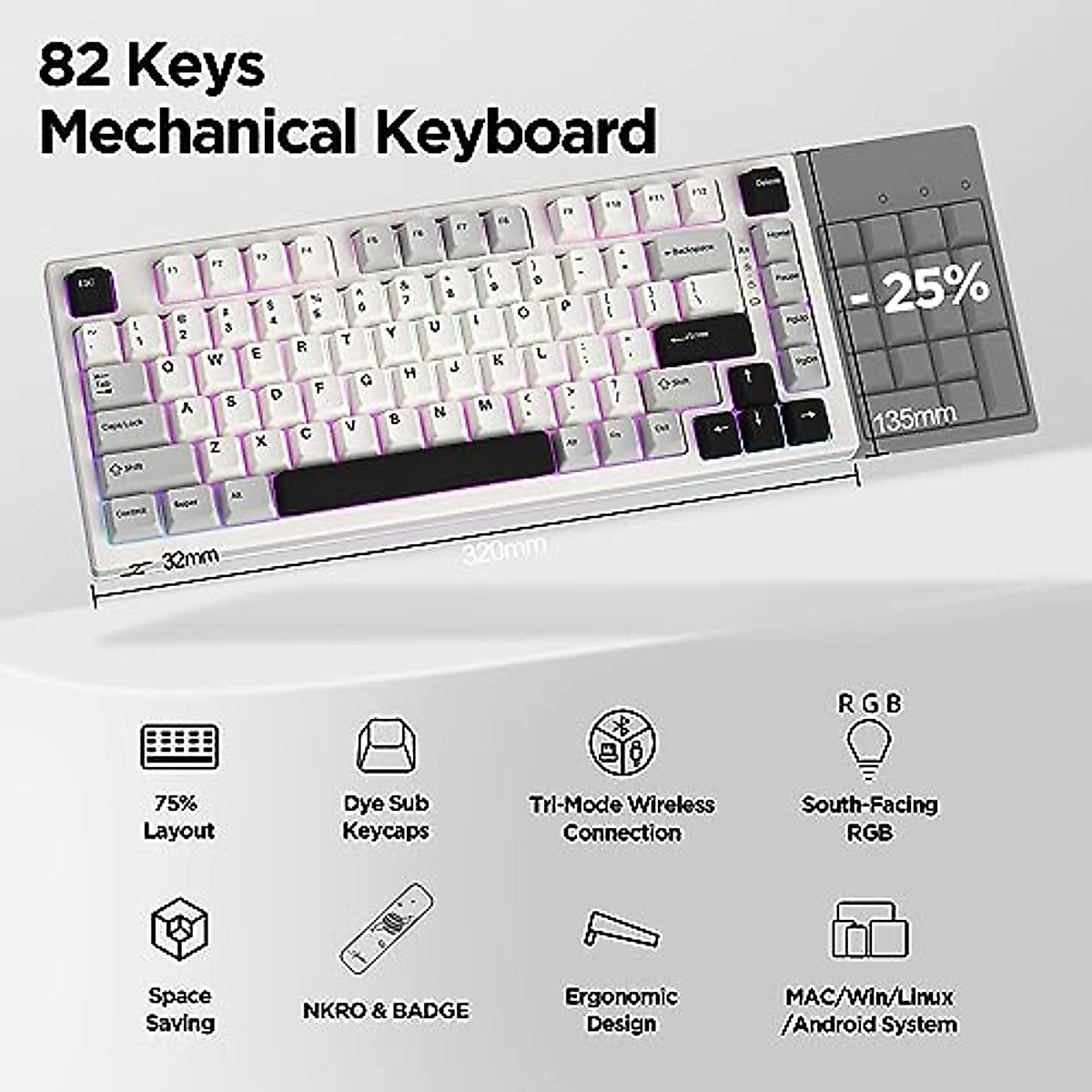 YUNZII YZ75 75% Hot Swappable Wireless Gaming Mechanical Keyboard, RGB Backlights, BT5.0/2.4G/USB-C, Dye Sub PBT Keycaps for Linux/Win/Mac(Gateron G Pro Yellow, White)
