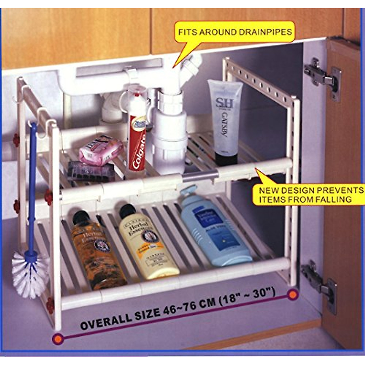 Our under sink storage shelf creates organization space, can custom fit both height and width, goes around pipes, and gets you organized