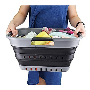 SAMMART 19L (5 gallon) Collapsible Super Mini 3 Handled Plastic Laundry Basket - Foldable Pop Up Storage Container/Organizer - Space Saving Hamper/Basket, (1, Grey/Black)