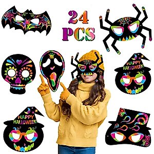 24 Pack Magic Scratch Paper Art Masks Set for Kids Rainbow Painting DIY Crafts Black Supplies Coloring Kits for Halloween Birthday Party Favors Creative Gift Bat Pumpkin Spider Wizard Hat Skull Ghost